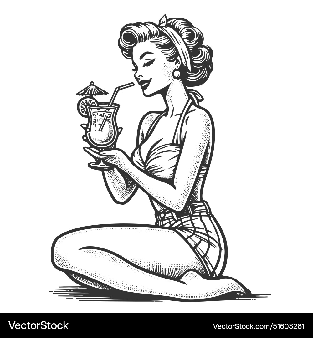 Vintage Pin Up Girl Enjoying Tropical Drink Vector Image