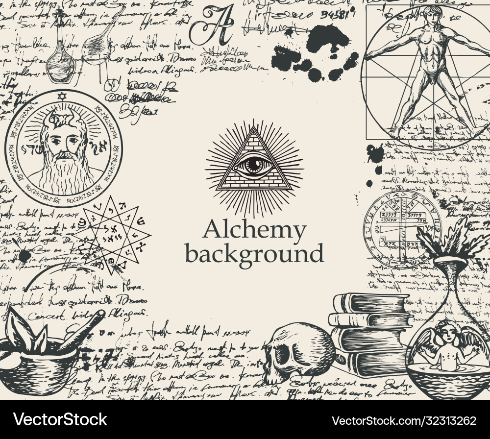 Alchemy background with vintage sketches and notes