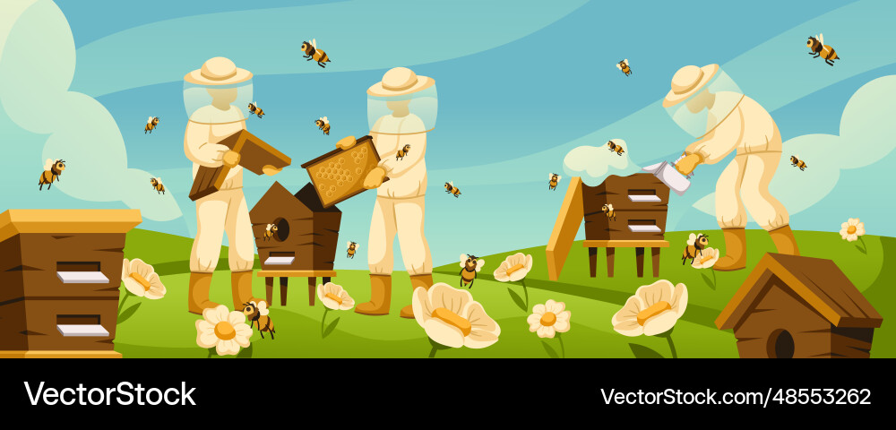 Cartoon beekeepers at apiary honey bees flying Vector Image