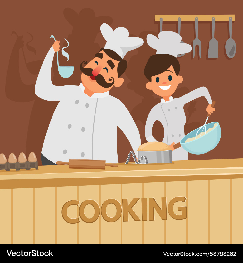 Cooking chef with assistant in kitchen Royalty Free Vector