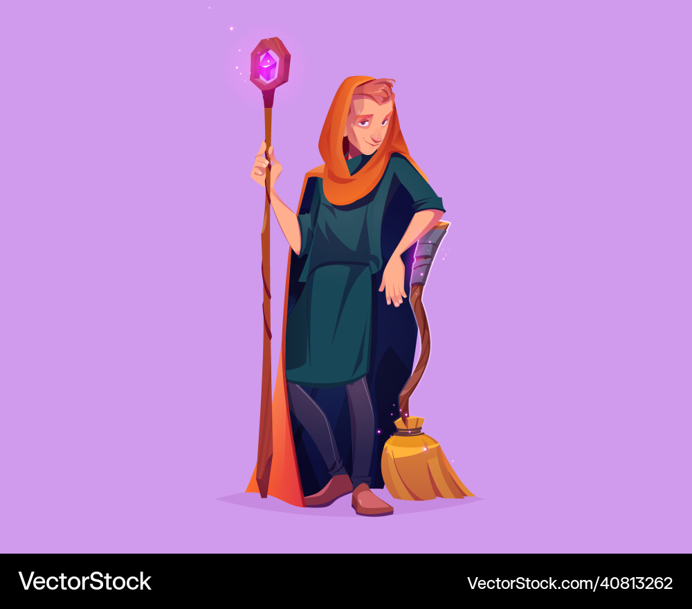 Man wizard with magic staff and broom Royalty Free Vector