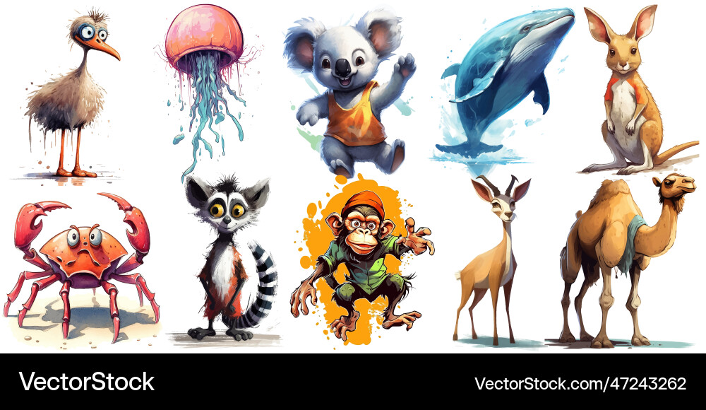 Monkey koala camel kangaroo jellyfish Royalty Free Vector