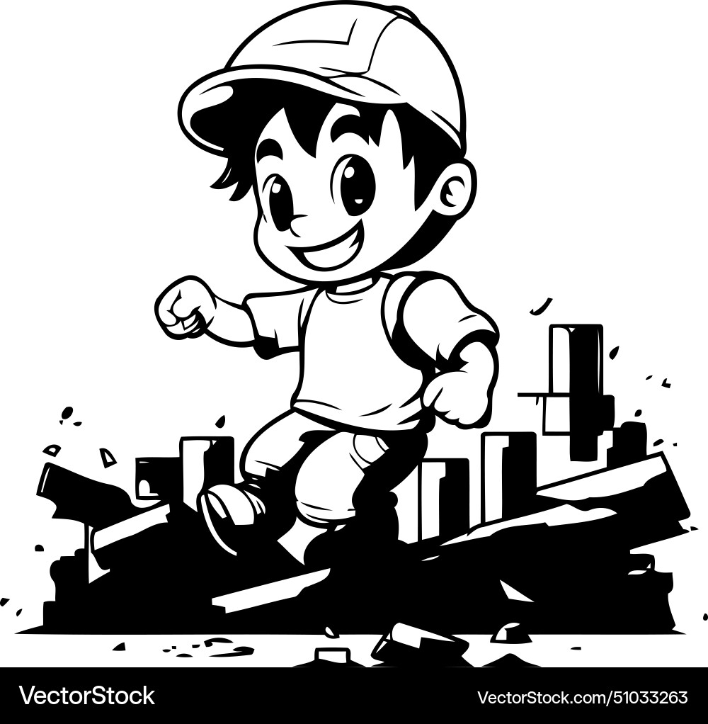 Cartoon boy builder building a wall Royalty Free Vector