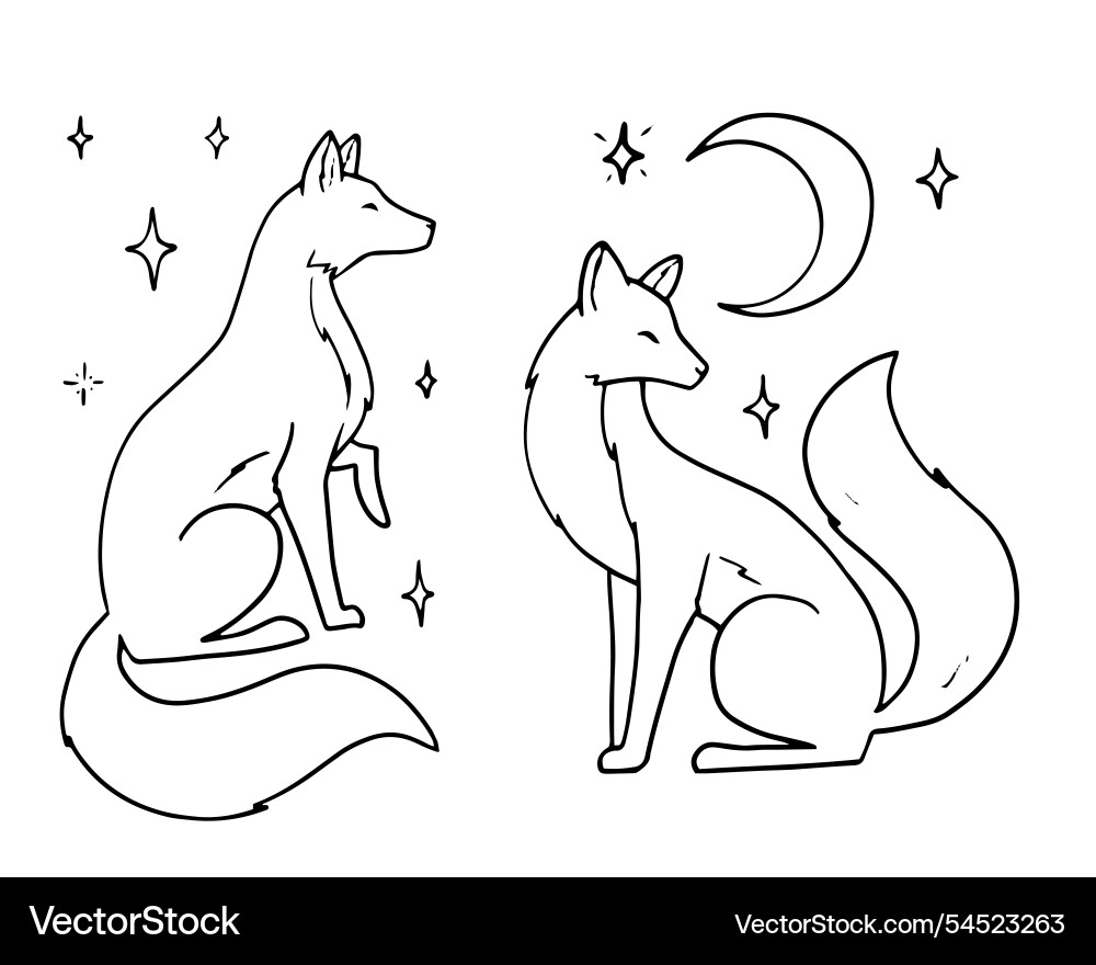 Mystical fox line art with moon and stars Vector Image