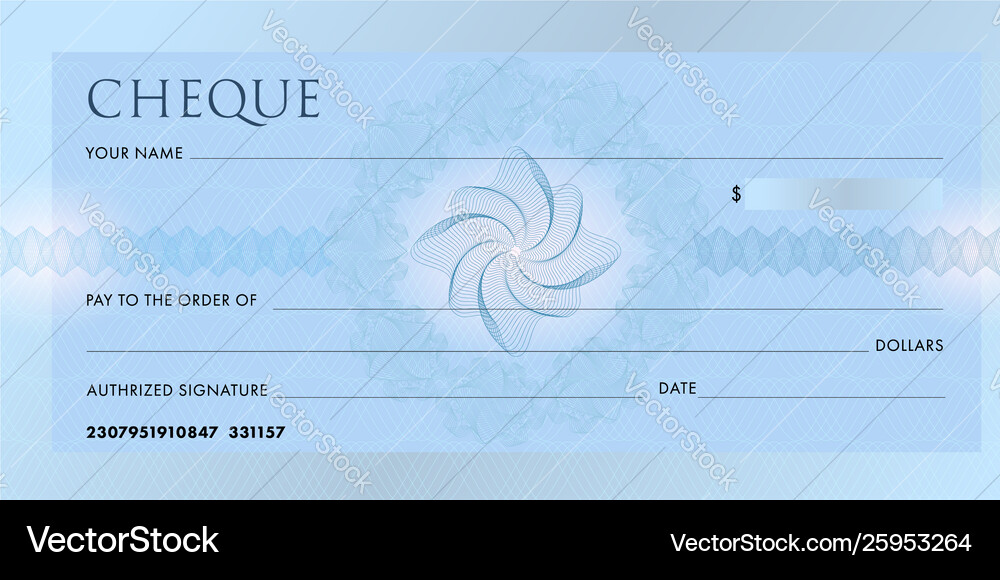 Blue Cheque Template with Guilloche Royalty Free Vector