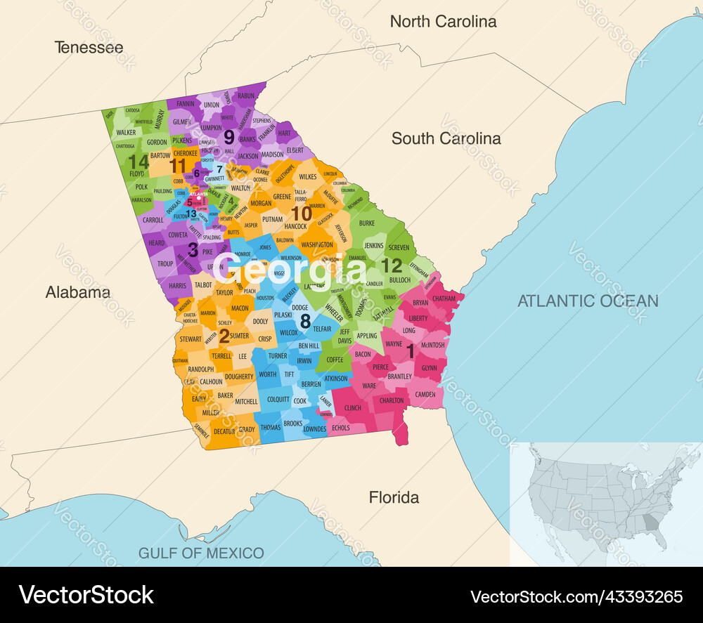 Georgia County Map - Congressional Districts Vector Image
