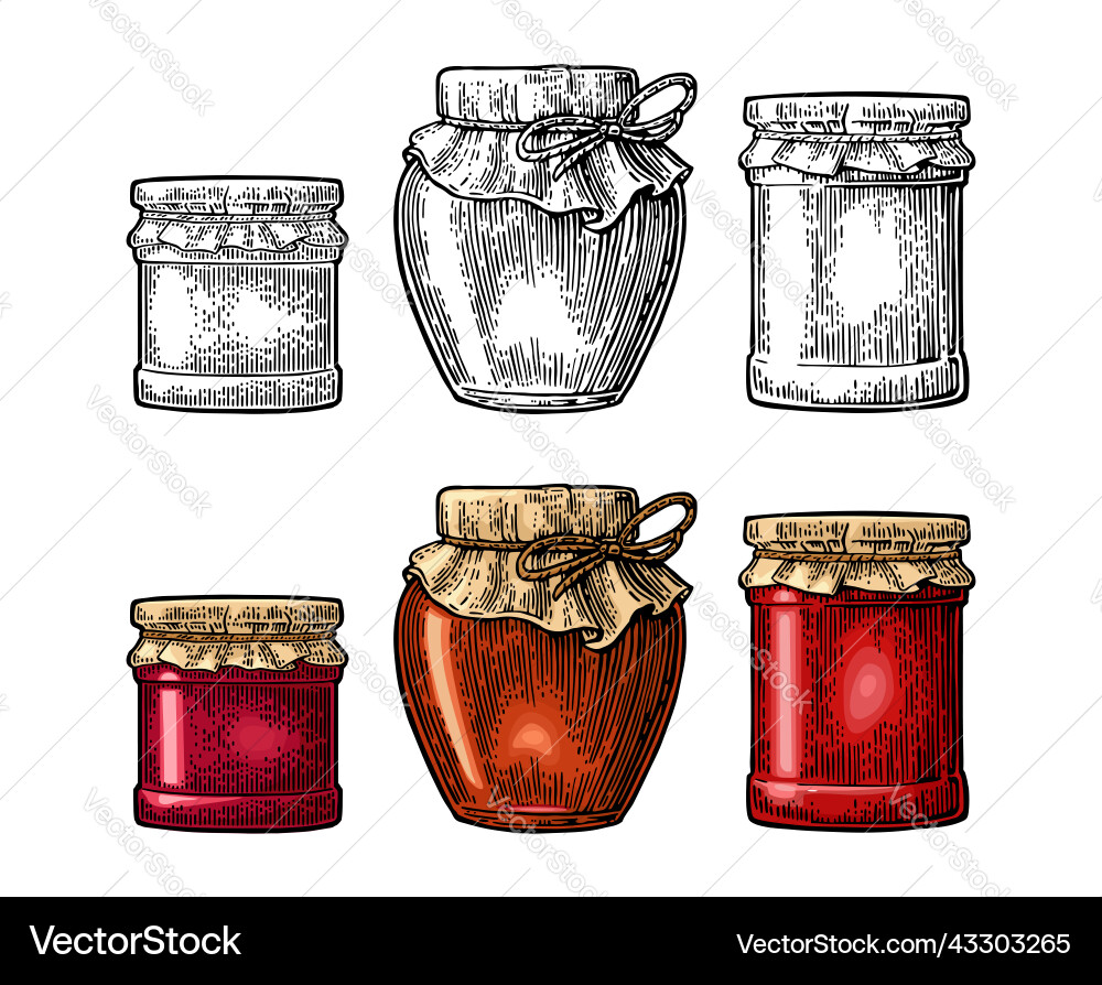 Various glass jars with jam and packaging paper Vector Image