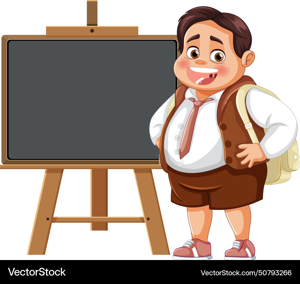 Cheerful cartoon student standing by a chalkboard Vector Image