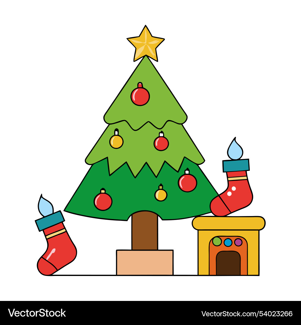 Christmas tree with fireplace and stockings Vector Image