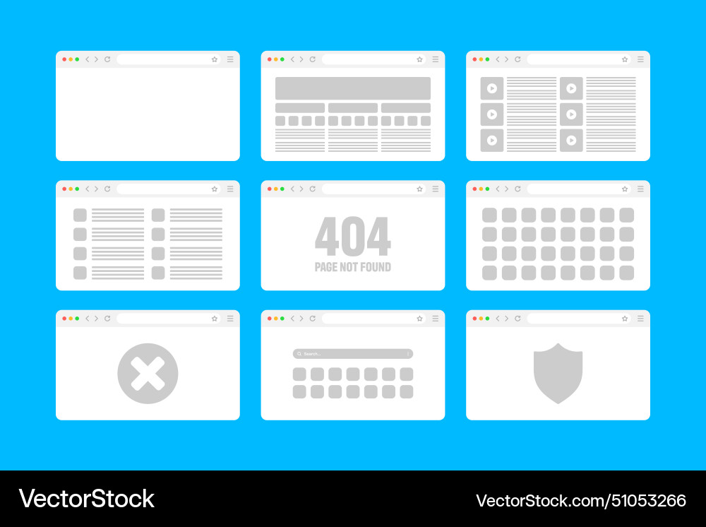 Web browser window pages layout with toolbar and Vector Image