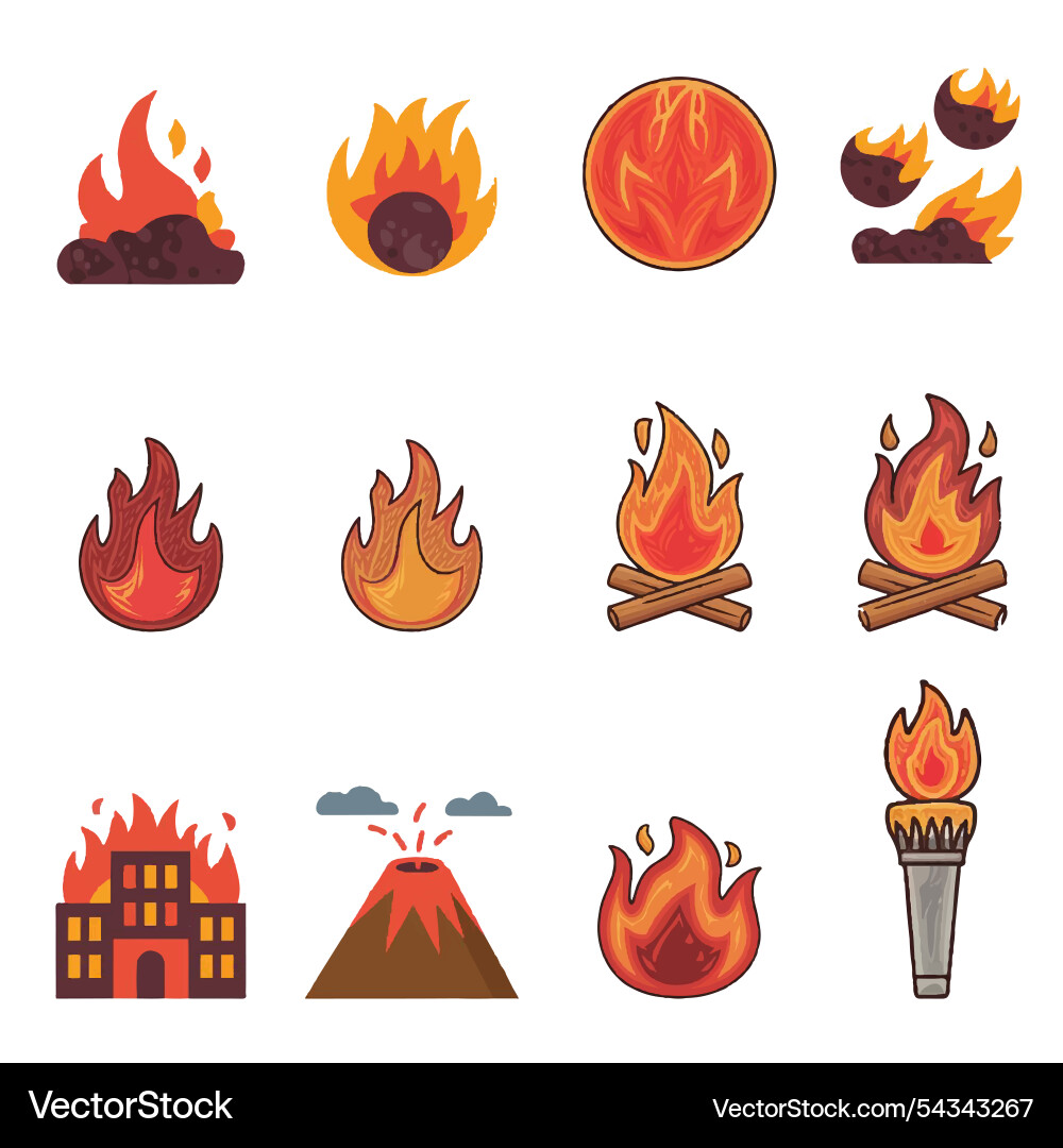 Set of hot flaming elements collection fire Vector Image