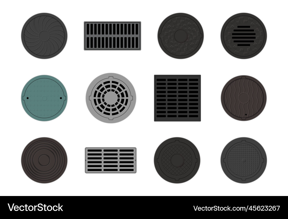 Sewer manholes and plumes set flat Royalty Free Vector Image