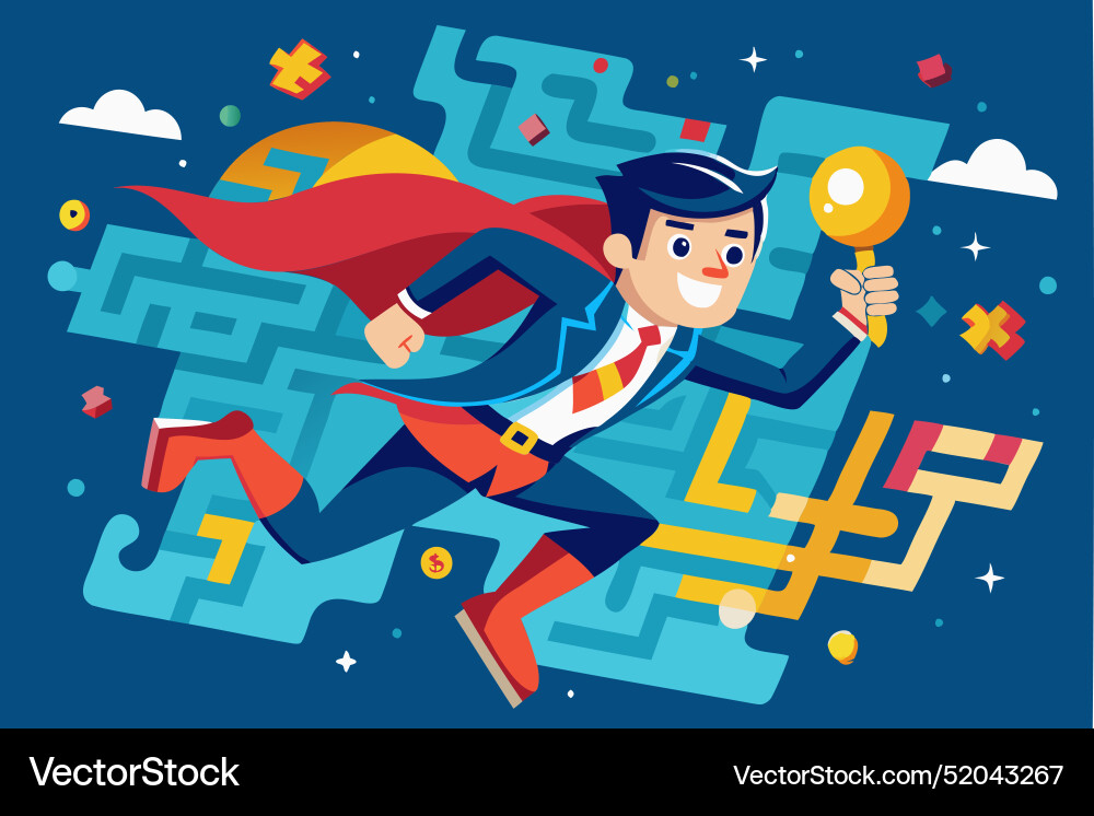 Superhero Businessman Navigating Complex Maze Vector Image