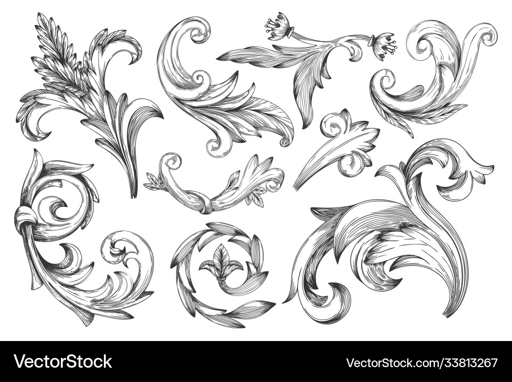 Vintage baroque frame or border scroll element set
