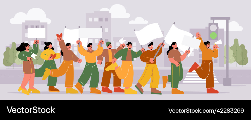 People with placards and banners protest strike Vector Image