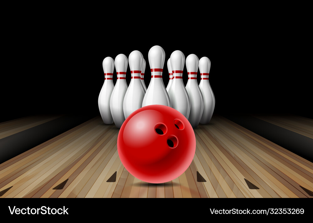 Red glossy ball rolling on bowling alley line Vector Image