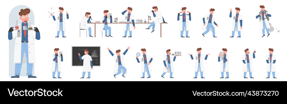 Male scientist poses in side front and back view Vector Image
