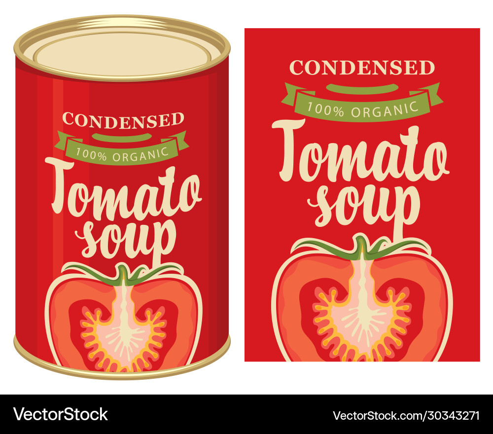 Banner for tomato soup with a tin can and label Vector Image