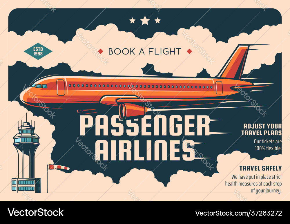 Airline flight ticket booking service retro poster