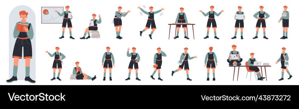 Male student character poses in side front Vector Image