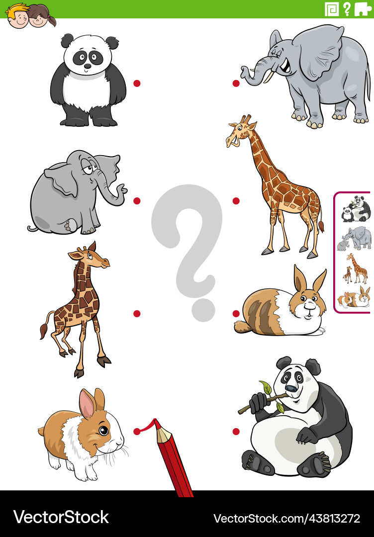 Match cartoon animals and their babies Royalty Free Vector