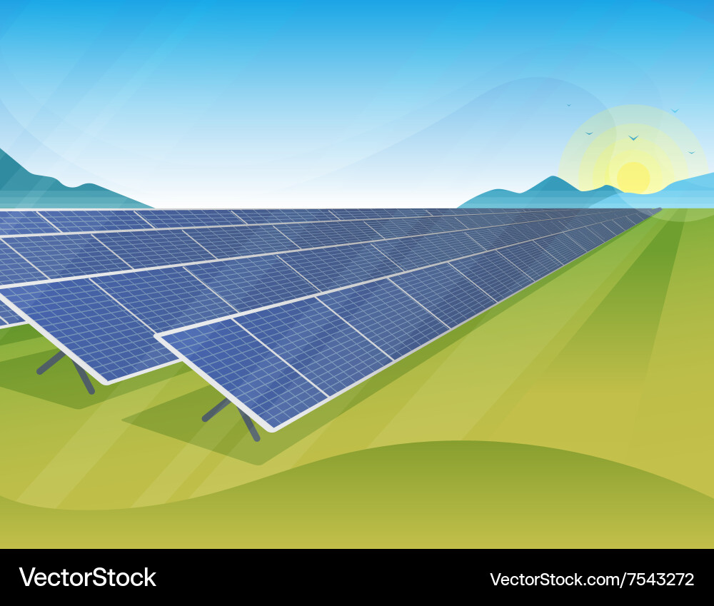 Solar panels farm in green fields during sunrise Vector Image