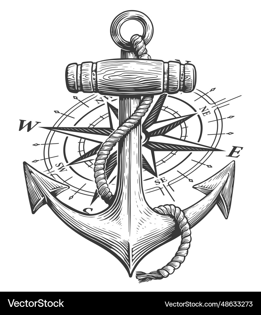 Compass rose of wind and anchor with rope Vector Image