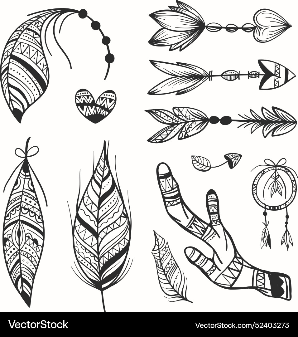 Engraving hand drawn boho elements collection Vector Image