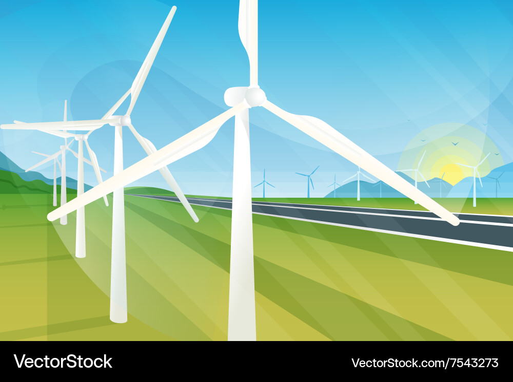 Wind turbine farm in green fields during sunrise Vector Image