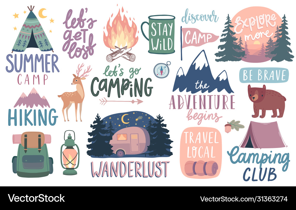 Camping hiking adventure letterings wild Vector Image