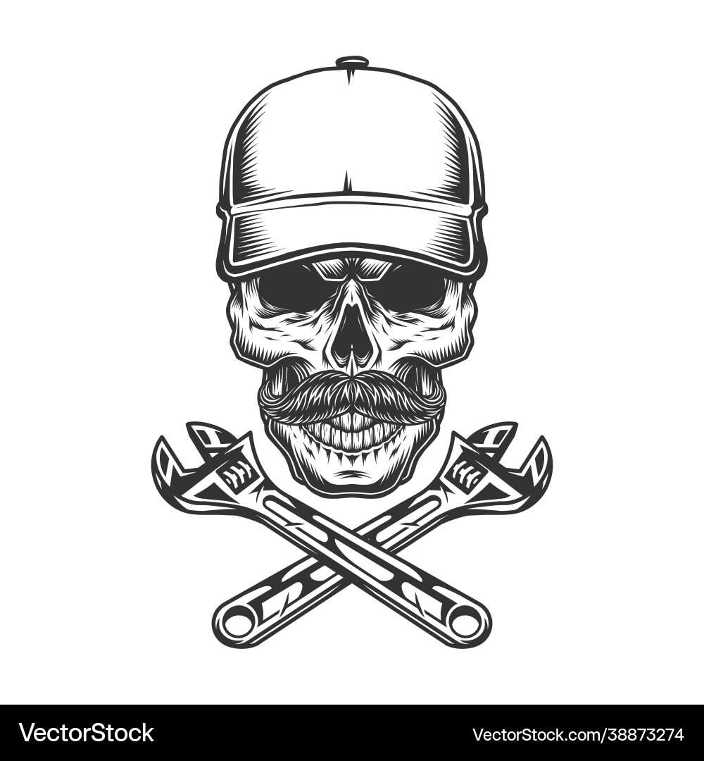 Mustached skull in baseball cap and wrenches Vector Image