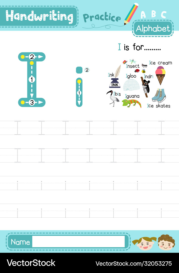 Letter I Handwriting Practice for Kids Royalty Free Vector