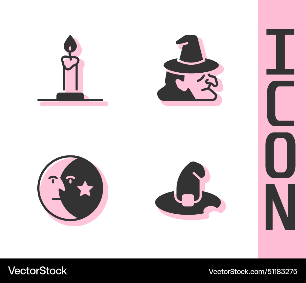 Set witch hat burning candle in candlestick moon Vector Image