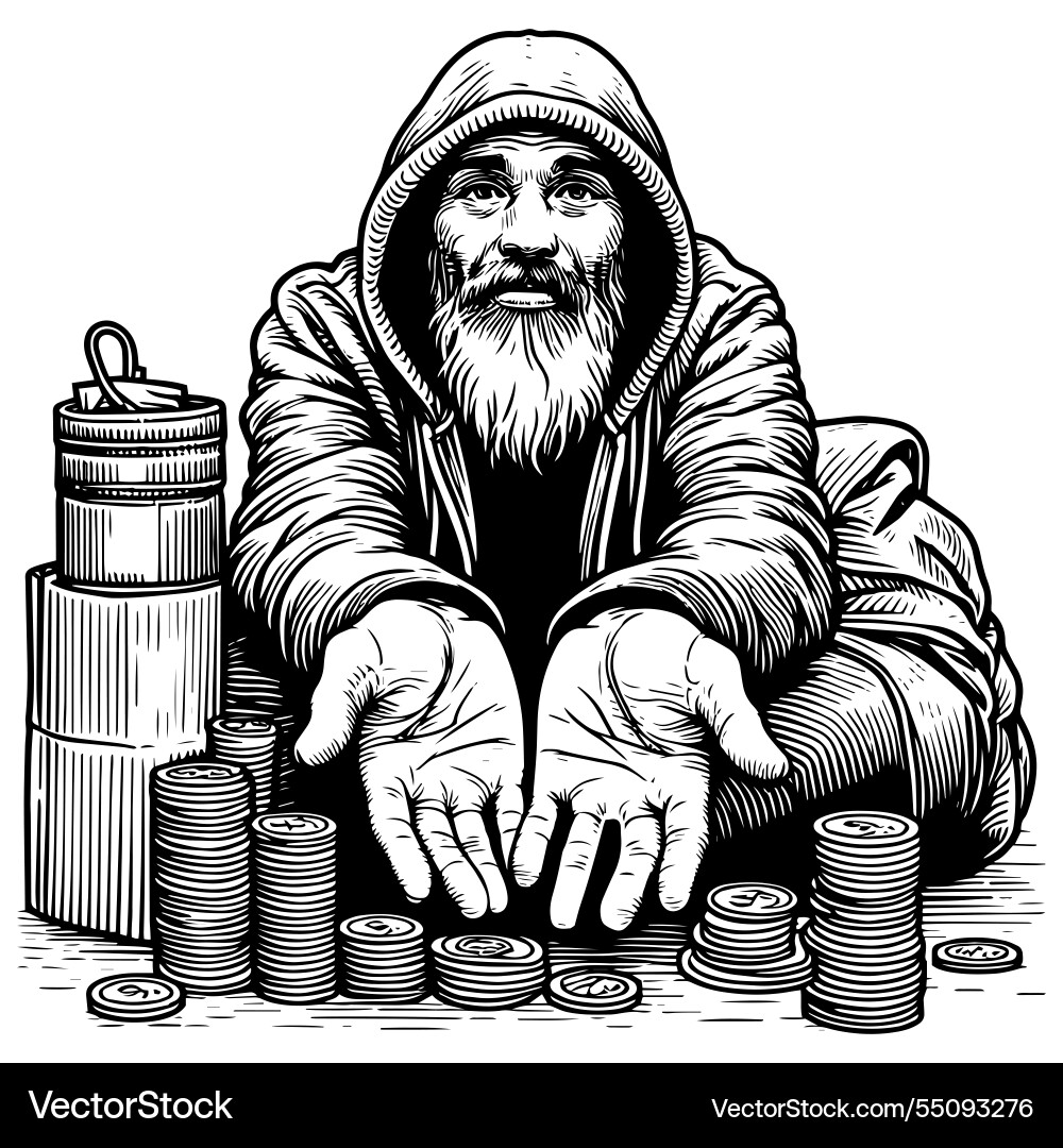 Homeless man begging with coins Royalty Free Vector Image
