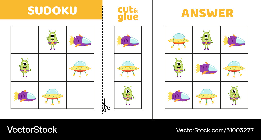 Easy sudoku with three space elements game puzzle Vector Image