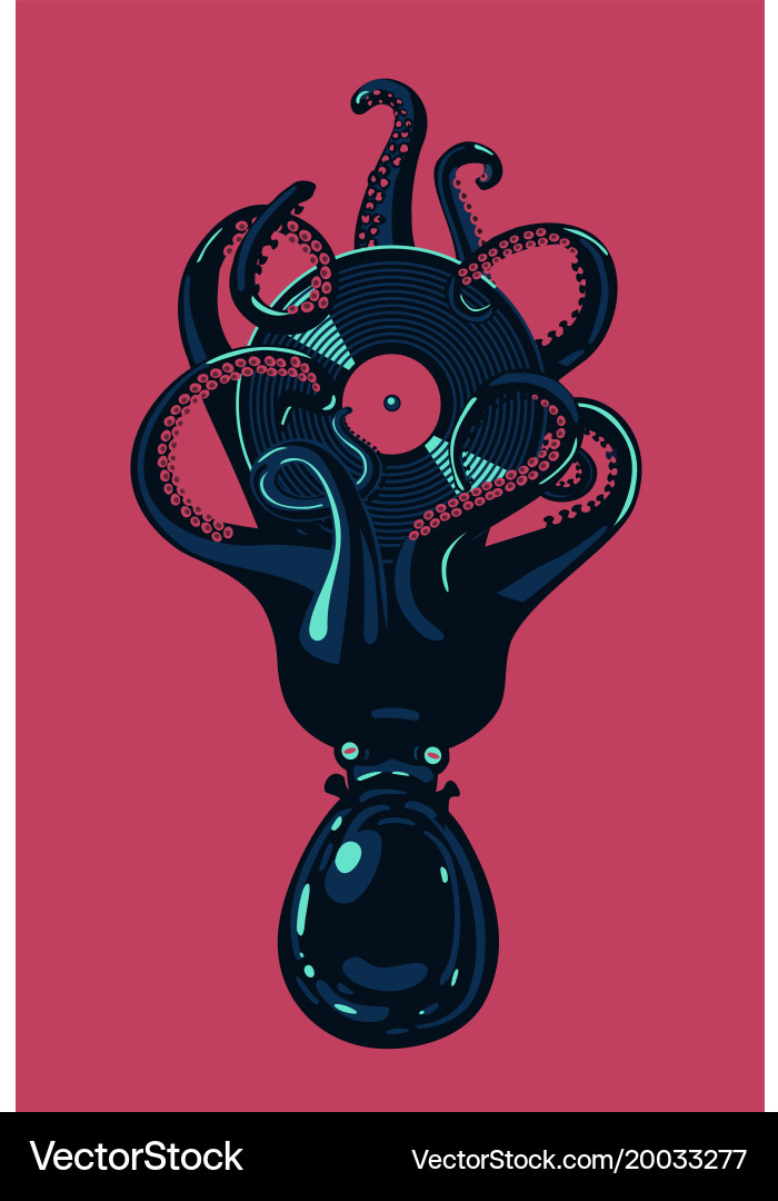Octopus with vinyl disc in tentacles hip-hop Vector Image