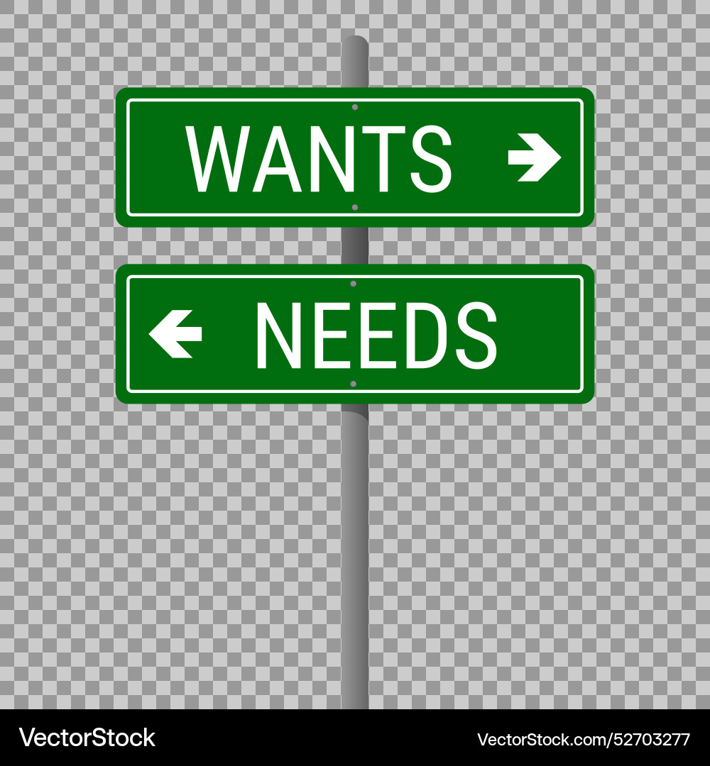 Road sign with two arrows wants and needs Vector Image