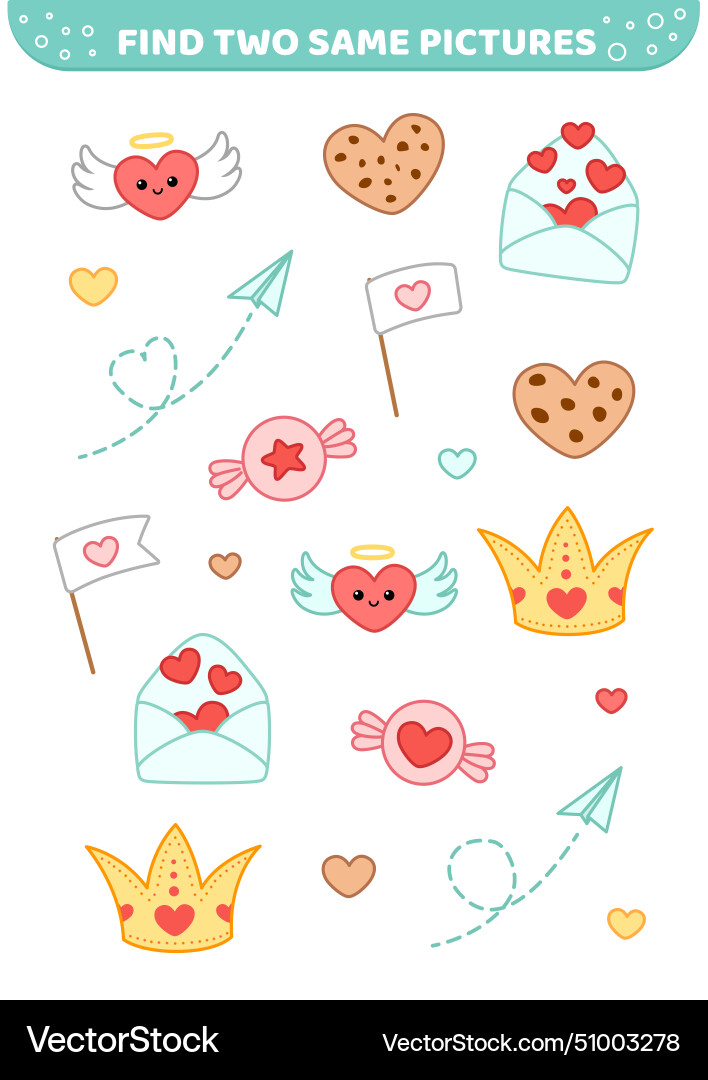 Find two same pictures love candy paper Royalty Free Vector