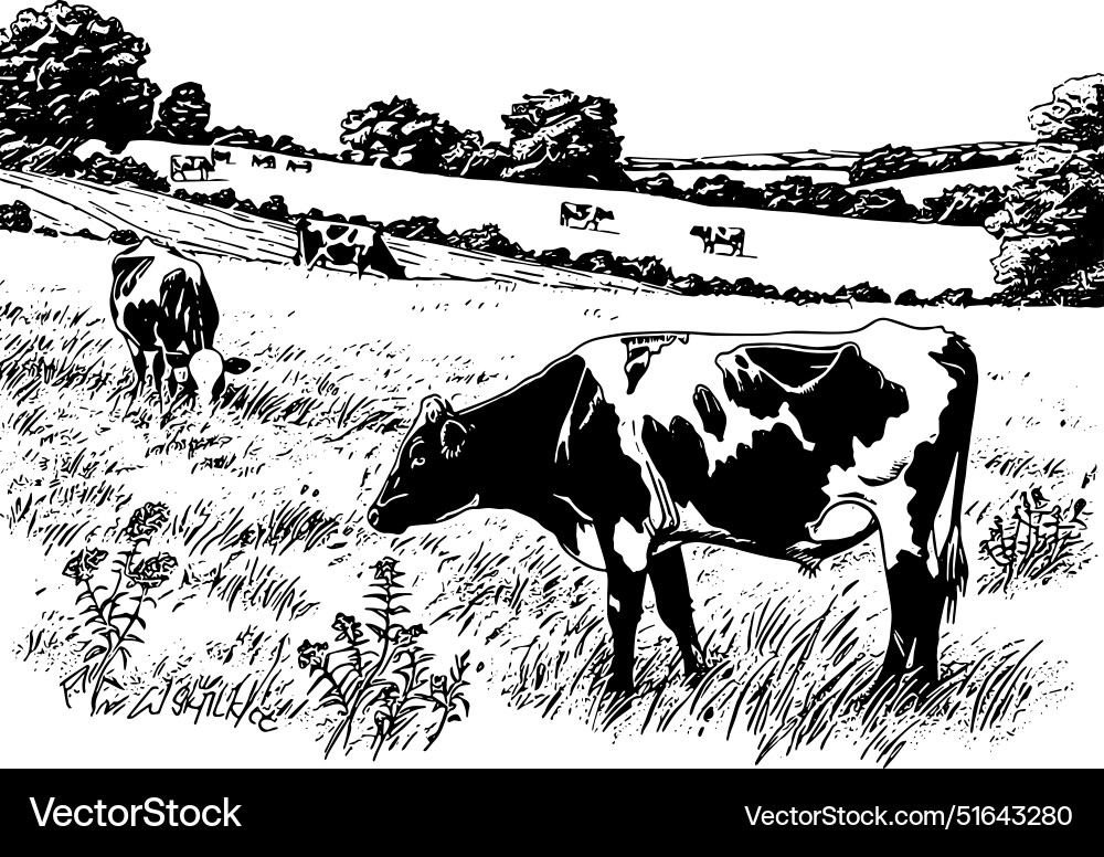 Dairy cows grazing in a field Royalty Free Vector Image