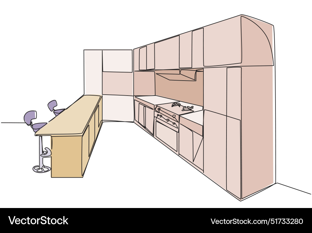 Single one line drawing stylish kitchen Royalty Free Vector