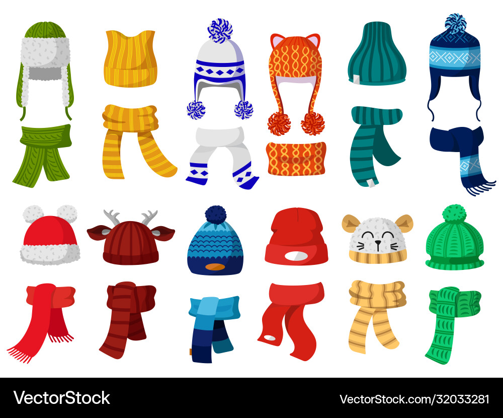 Cute Winter Kids Hats & Scarves Royalty Free Vector
