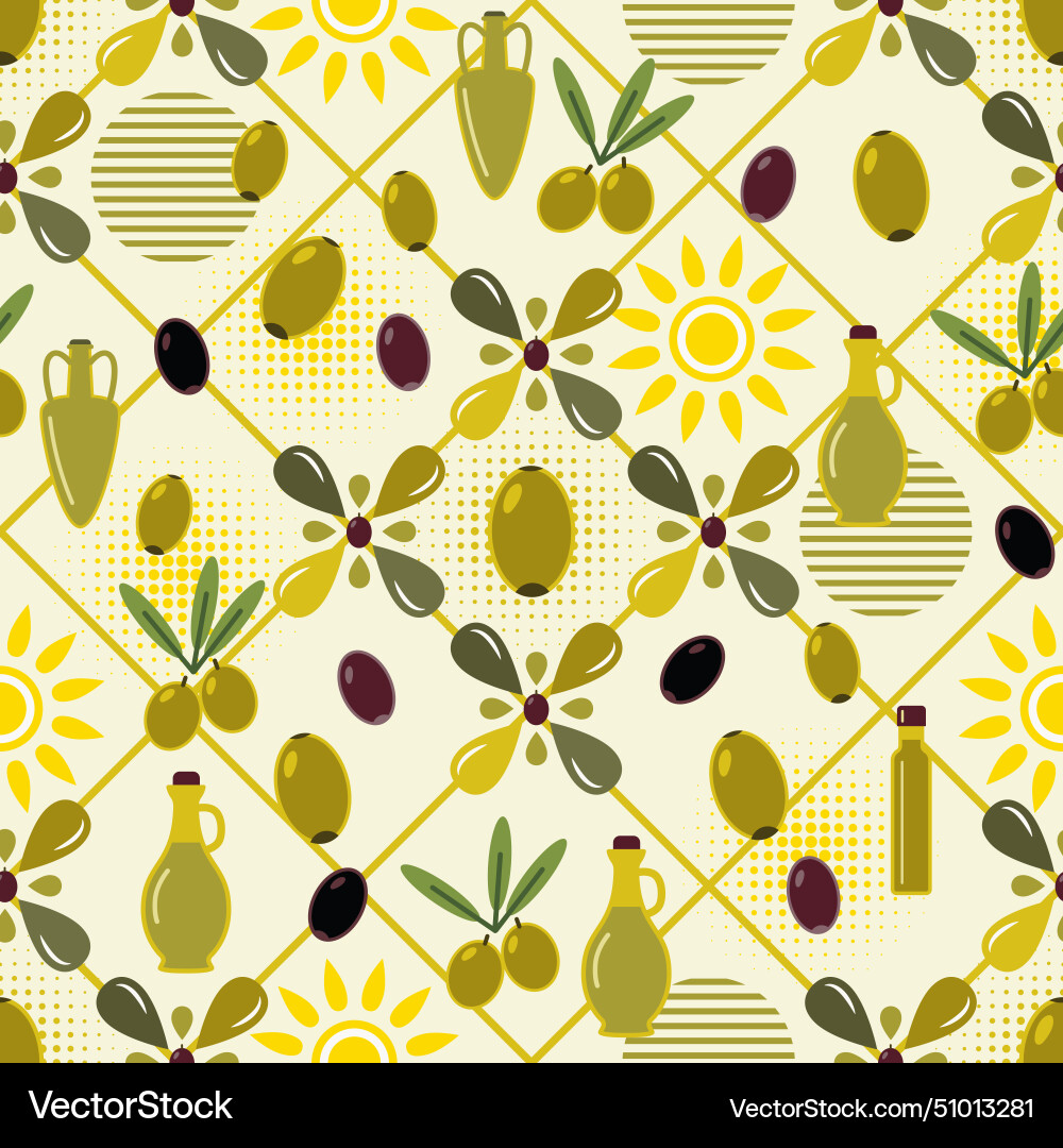 Geometric pattern with olives olive oil Royalty Free Vector