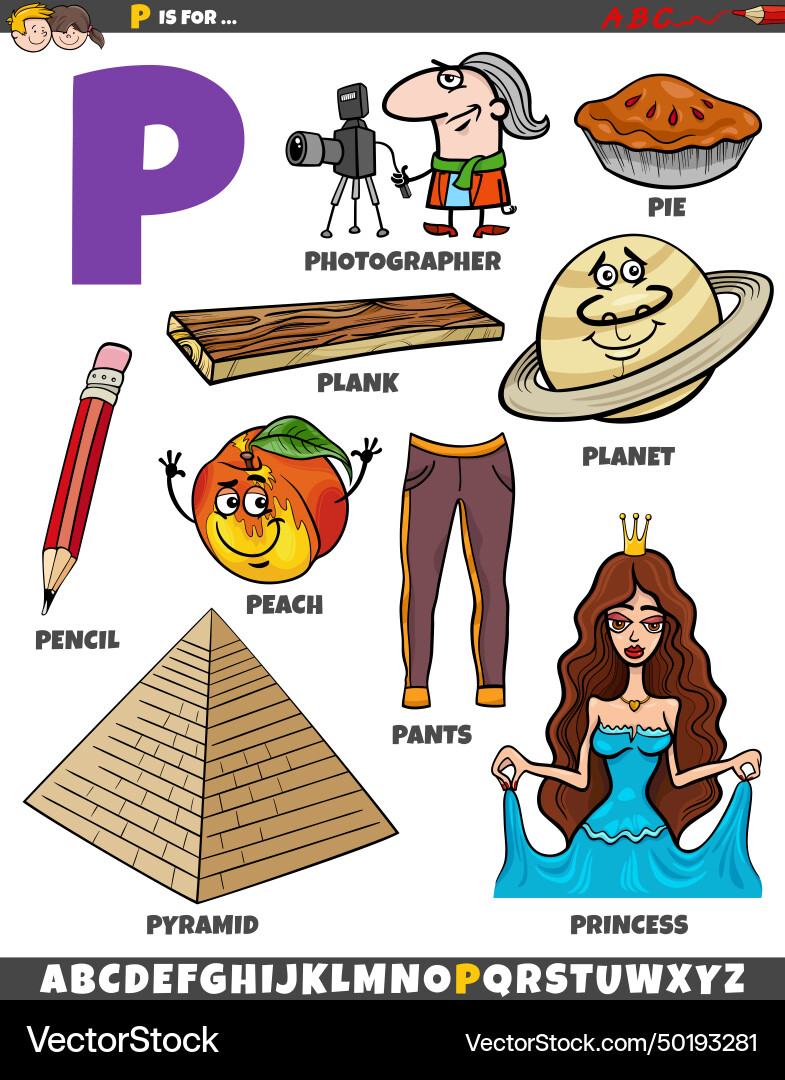 Letter p set with cartoon objects and characters Vector Image