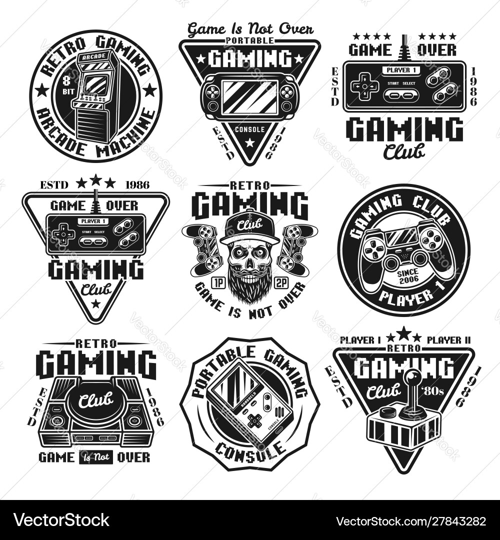 Gaming set nine emblems badges labels Royalty Free Vector