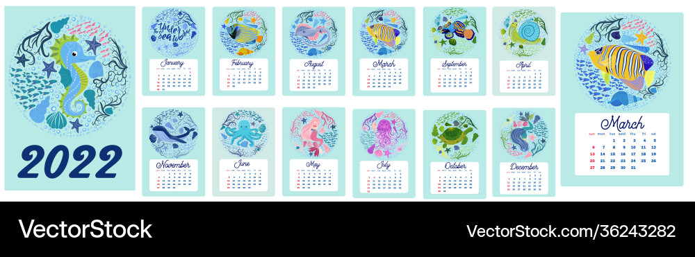 Marine life wall calendar design template Vector Image