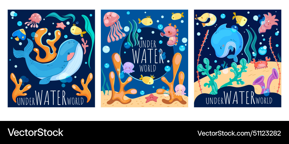 Set of underwater world posters Royalty Free Vector Image