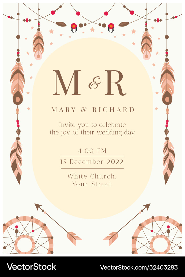 Flat boho wedding invitation template Royalty Free Vector