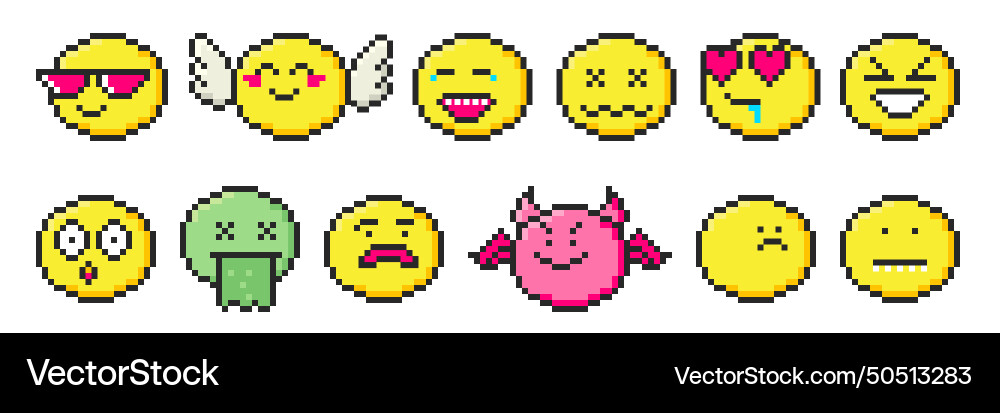 Retro game 8 bit pixel art emoji icon set Vector Image
