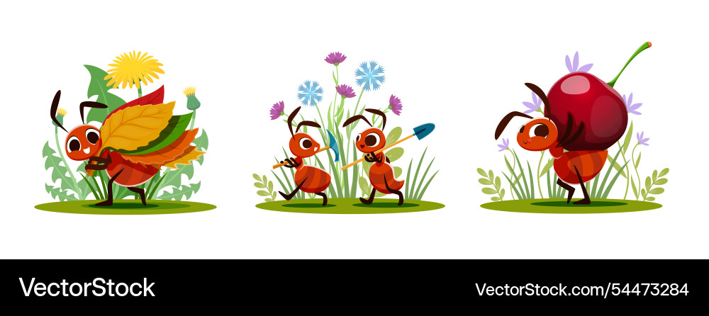Cartoon ants characters with food and work tools Vector Image