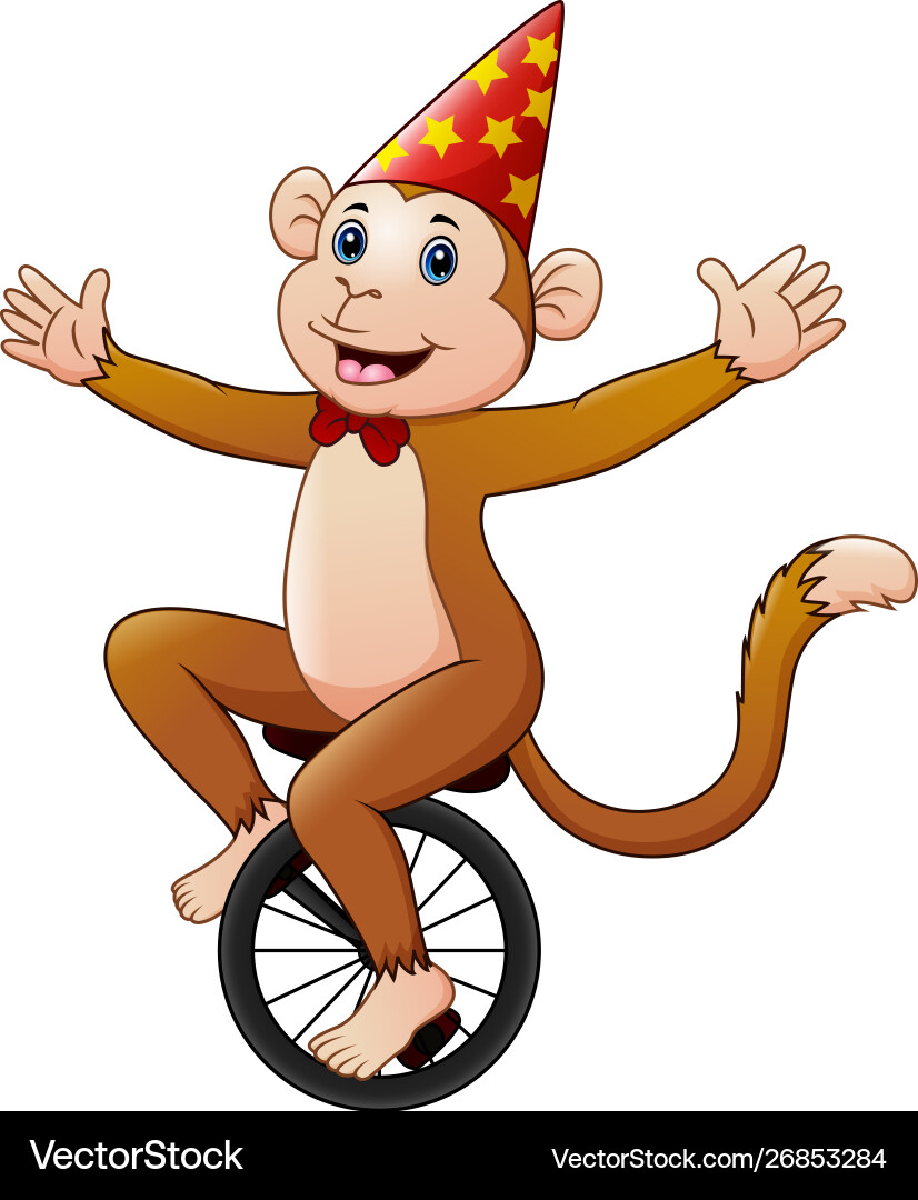 Circus monkey cartoon riding a monocycle with smil